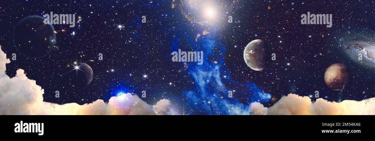 Planets, stars and galaxies. Panorama. Horizontal view for a glass ...