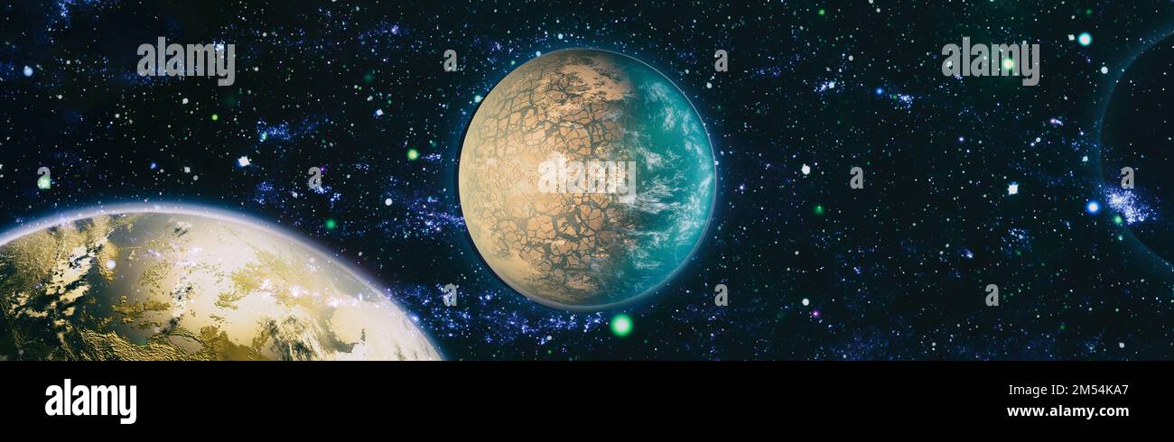 Planets, stars and galaxies. Panorama. Horizontal view for a glass ...