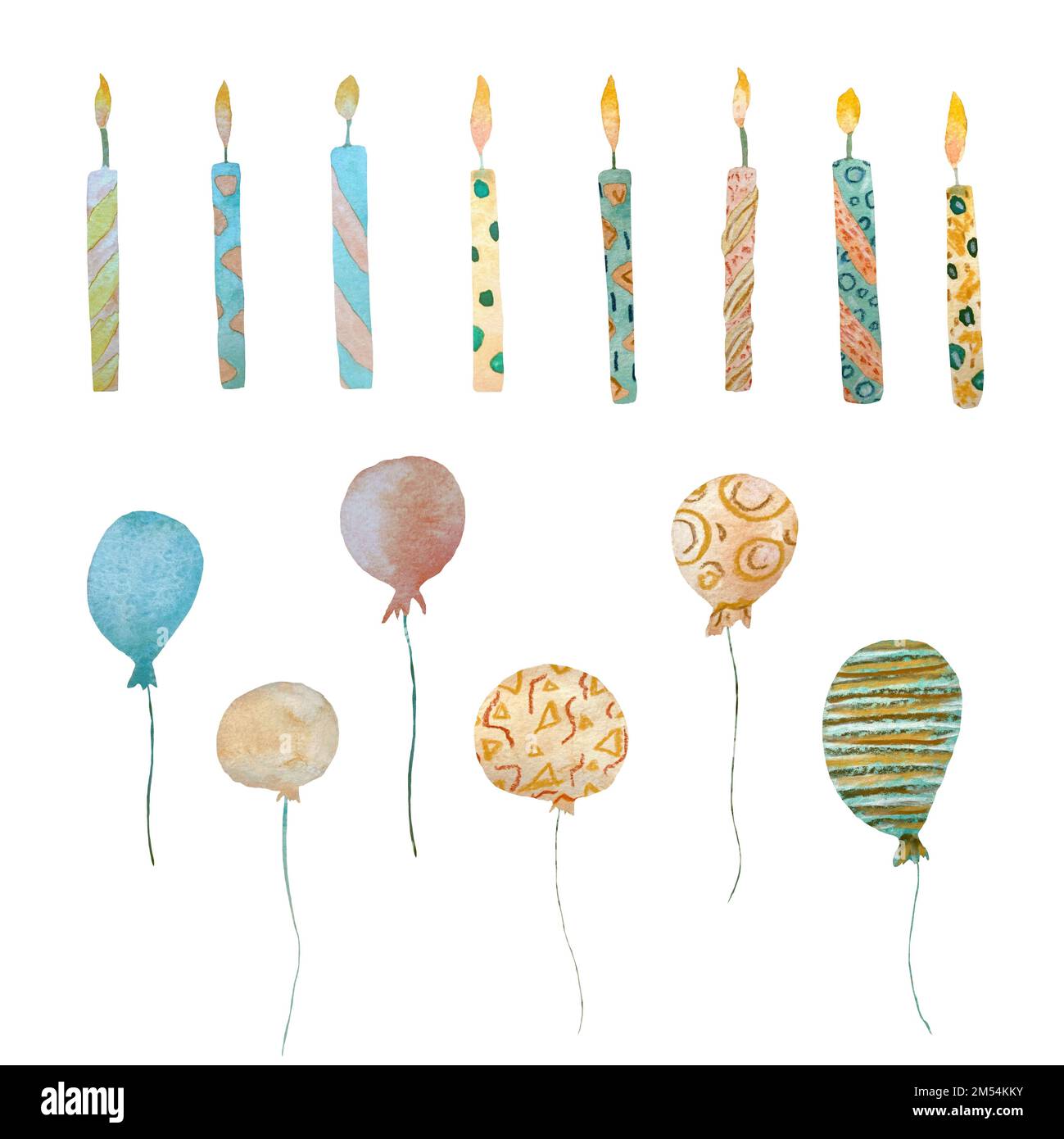 Candle balloon birthday textured set a watercolor Stock Photo - Alamy