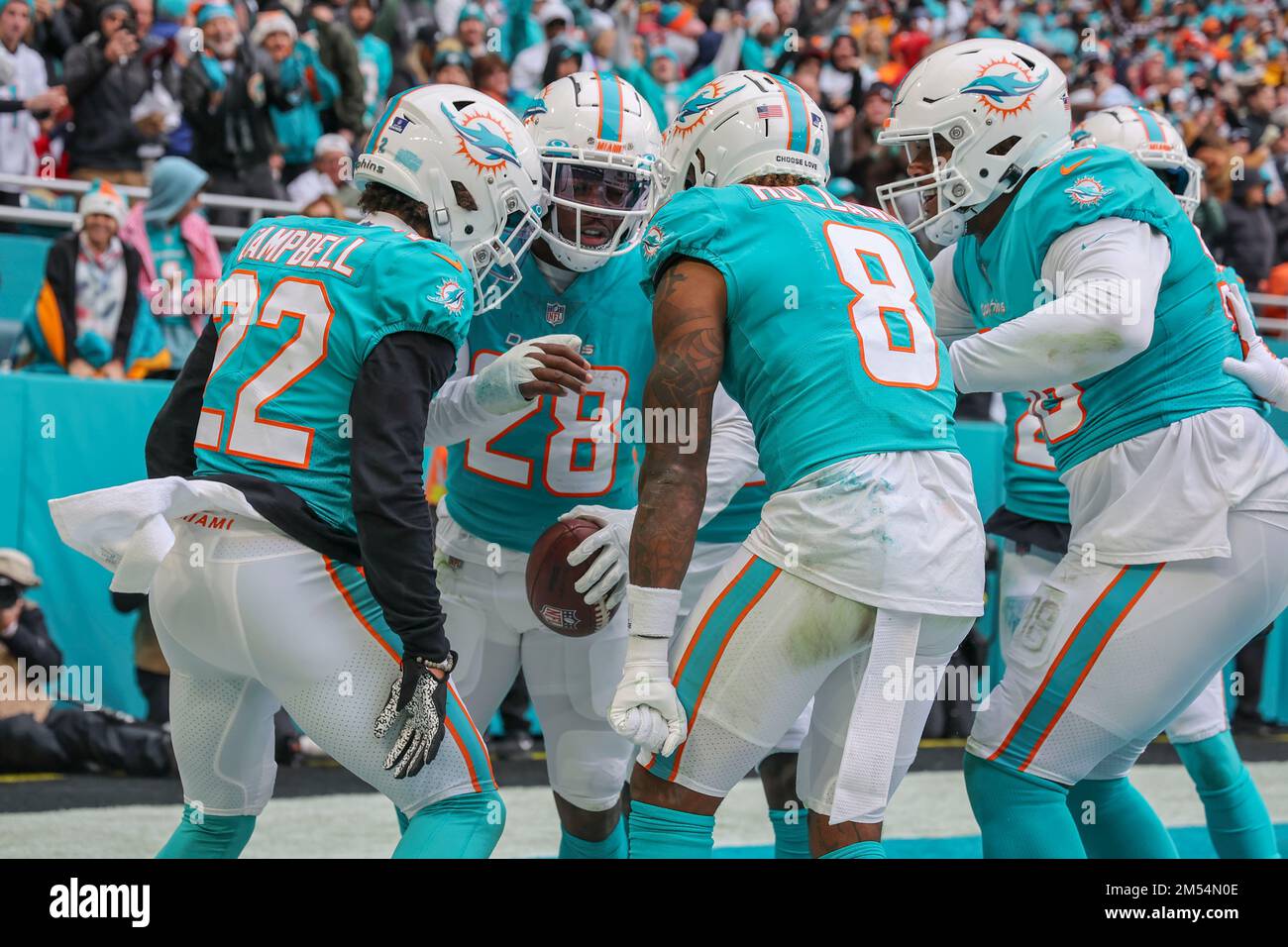 Miami. FL USA; Miami Dolphins cornerback Kader Kohou (28) celebrates ...