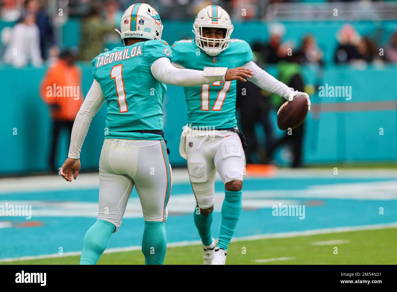Miami. FL USA; Miami Dolphins wide receiver Jaylen Waddle (17) scores the first touchdown and ...