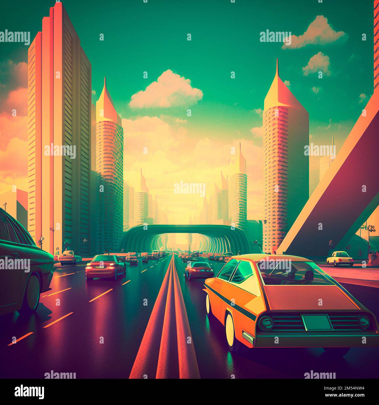 Futuristic city in retro style. Cars are driving on the highway Stock ...