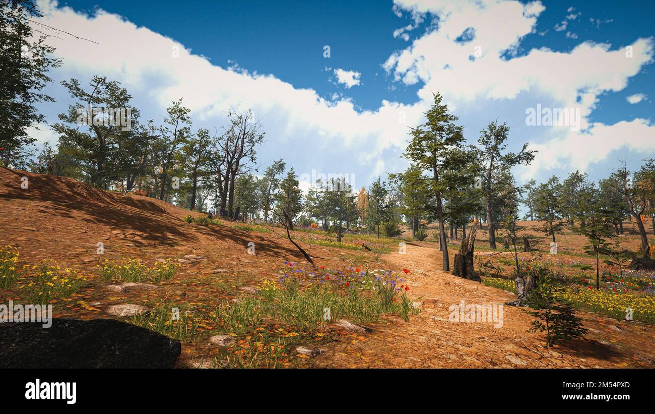 3d render illustration of a virtual world with a natural environment ...