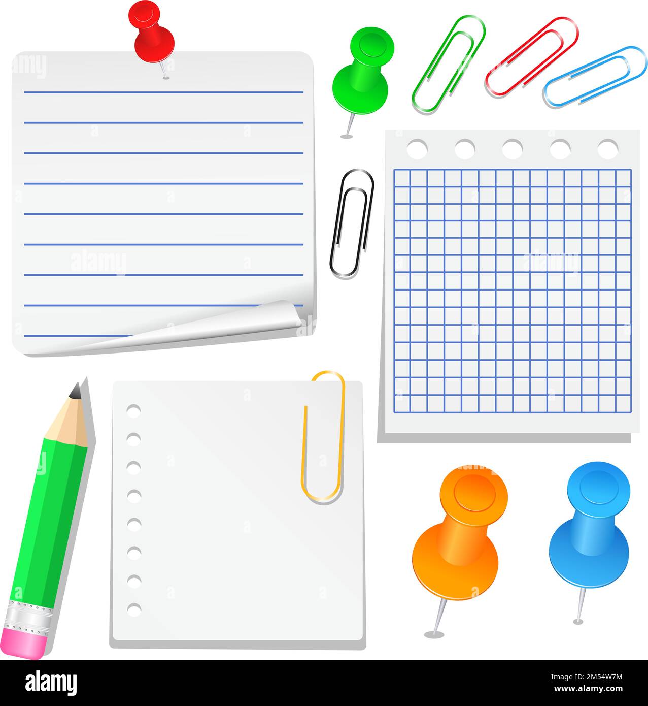 Set of different paper, push pins and clips, vector eps10 illustration ...