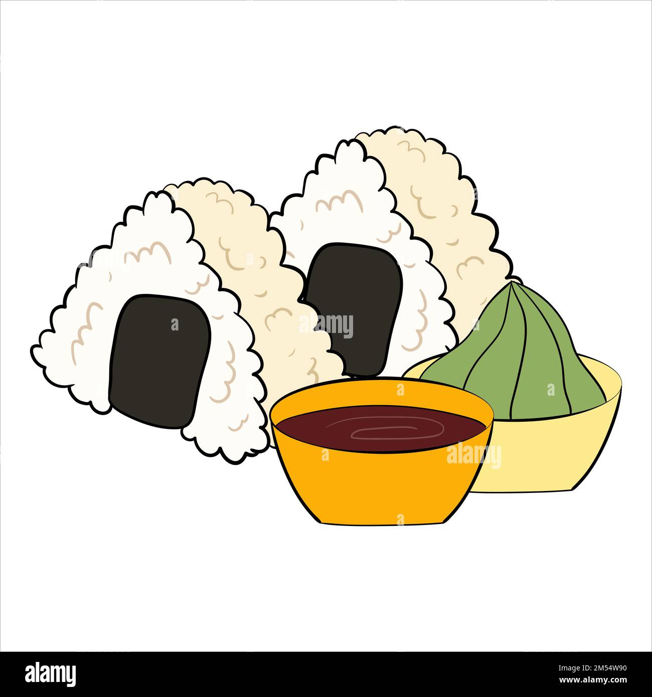japanese rice ball, onigiri with soy sauce and wasabi. vector ...