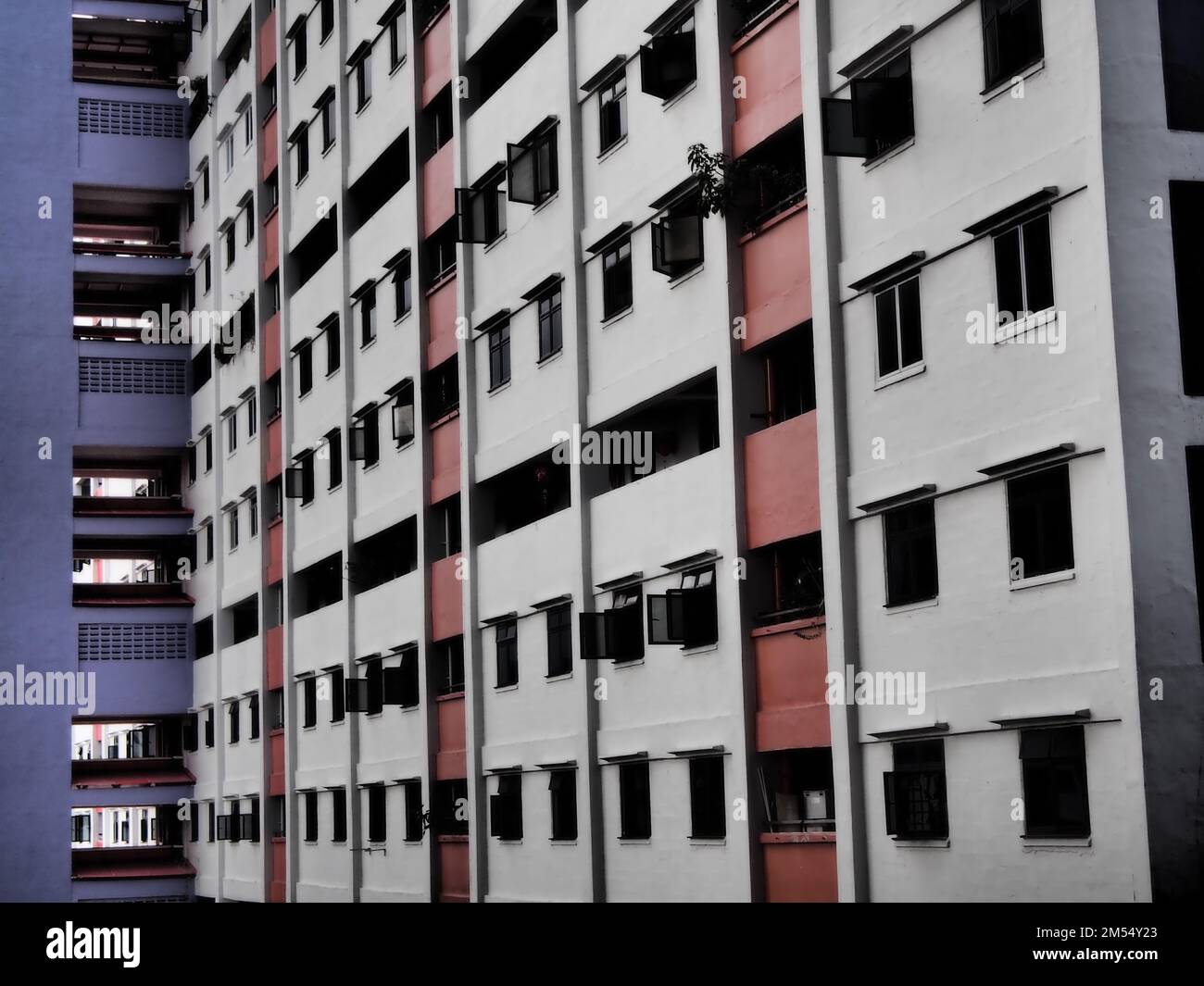 A closeup view of an exterior of HDB housing flats in Chinatown ...