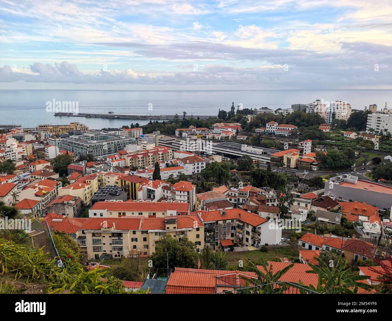 View of city Funchal from above. Red tiled roofs of houses. Coastline ...
