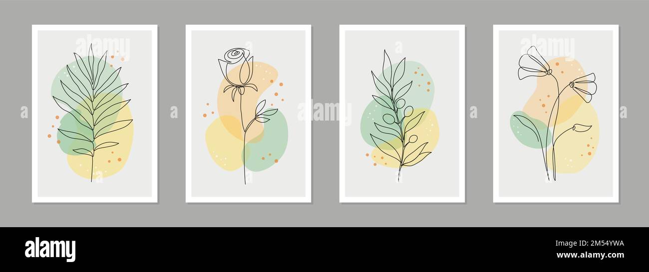 One line art flower poster set. Single continuous line leaf, flower ...