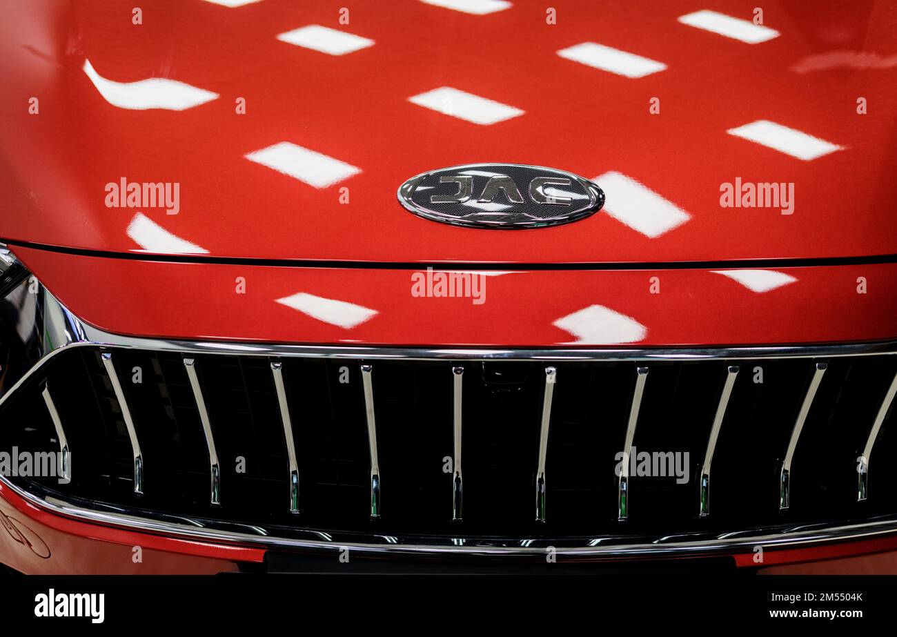 Minsk, Belarus, December 2022 - Presentation of the red car JAC in the ...