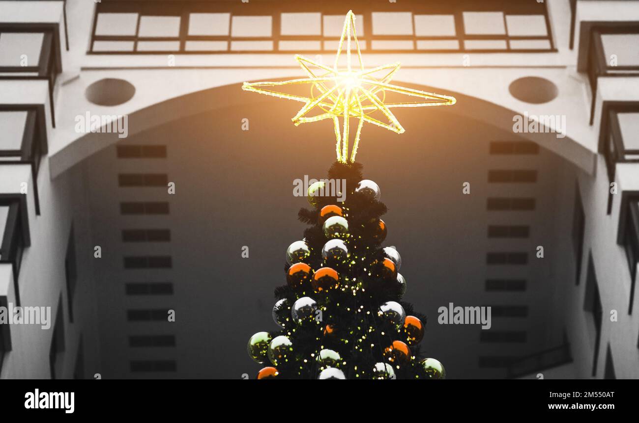 Christmas tree decoration. Christmas tree with shining star Stock Photo ...