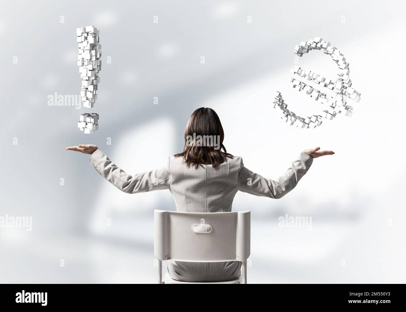 Woman showing balance gesture with euro currency Stock Photo - Alamy