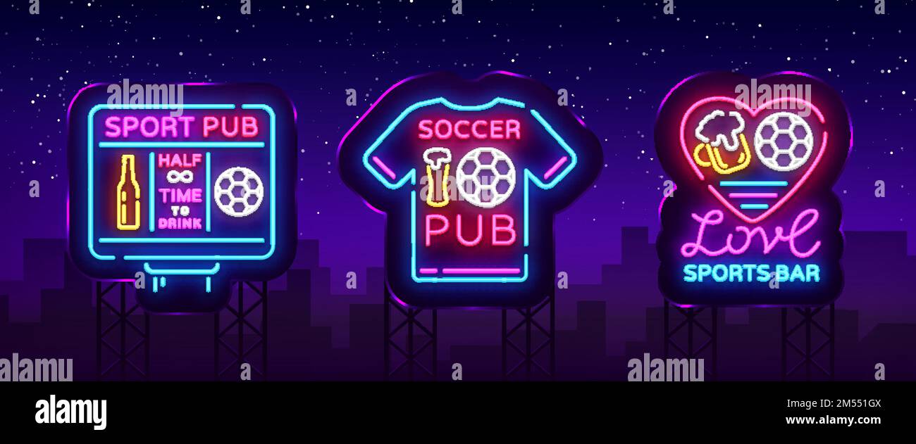 Sports bar collection logos neon vector. Sports pub set neon signs ...