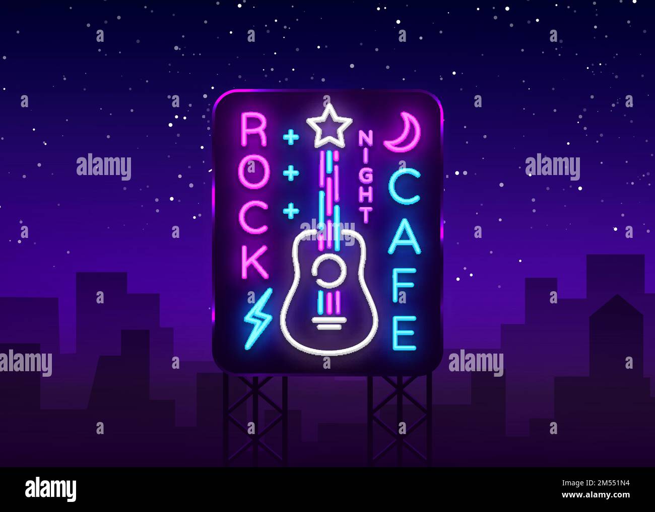 Rock Cafe Logo Neon Vector. Rock Cafe Neon Sign, Concept with guitar ...