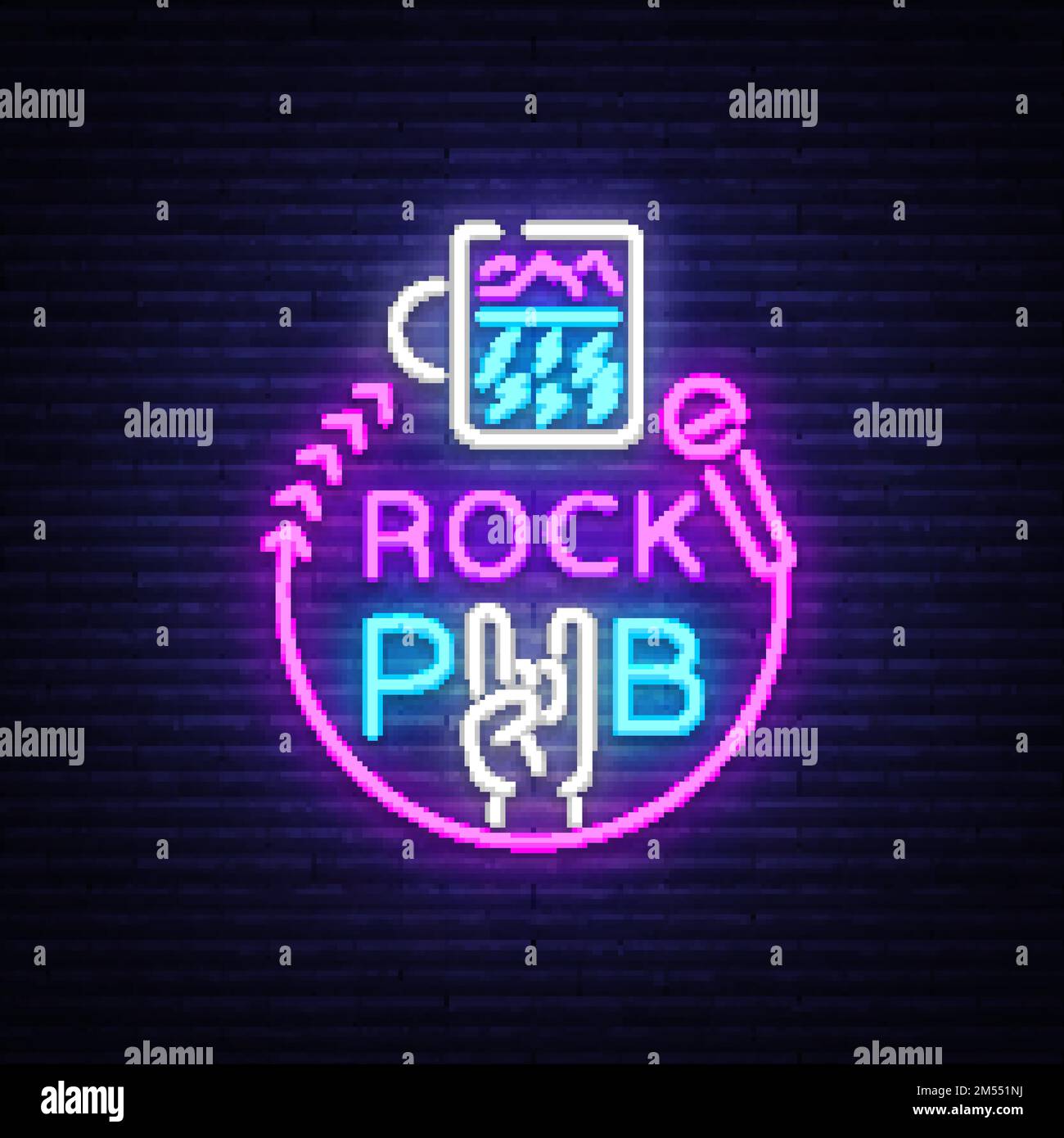 Rock Pub Logo Neon Vector. Rock Bar Neon Sign, Concept with a glass ...
