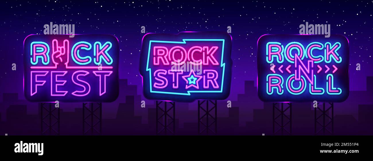 Rock Music collection Neon Logos Vector. Rock Pub, Cafe, Rock Star Neon ...
