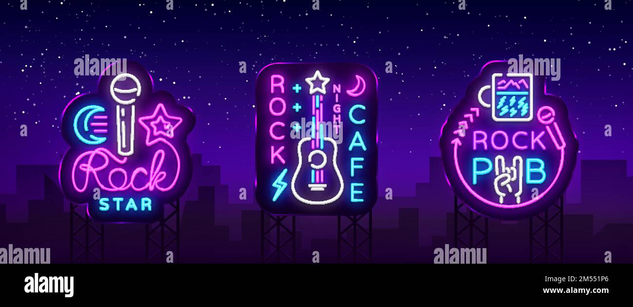 Rock Music collection Neon Logos Vector. Rock Pub, Cafe, Rock Star Neon ...