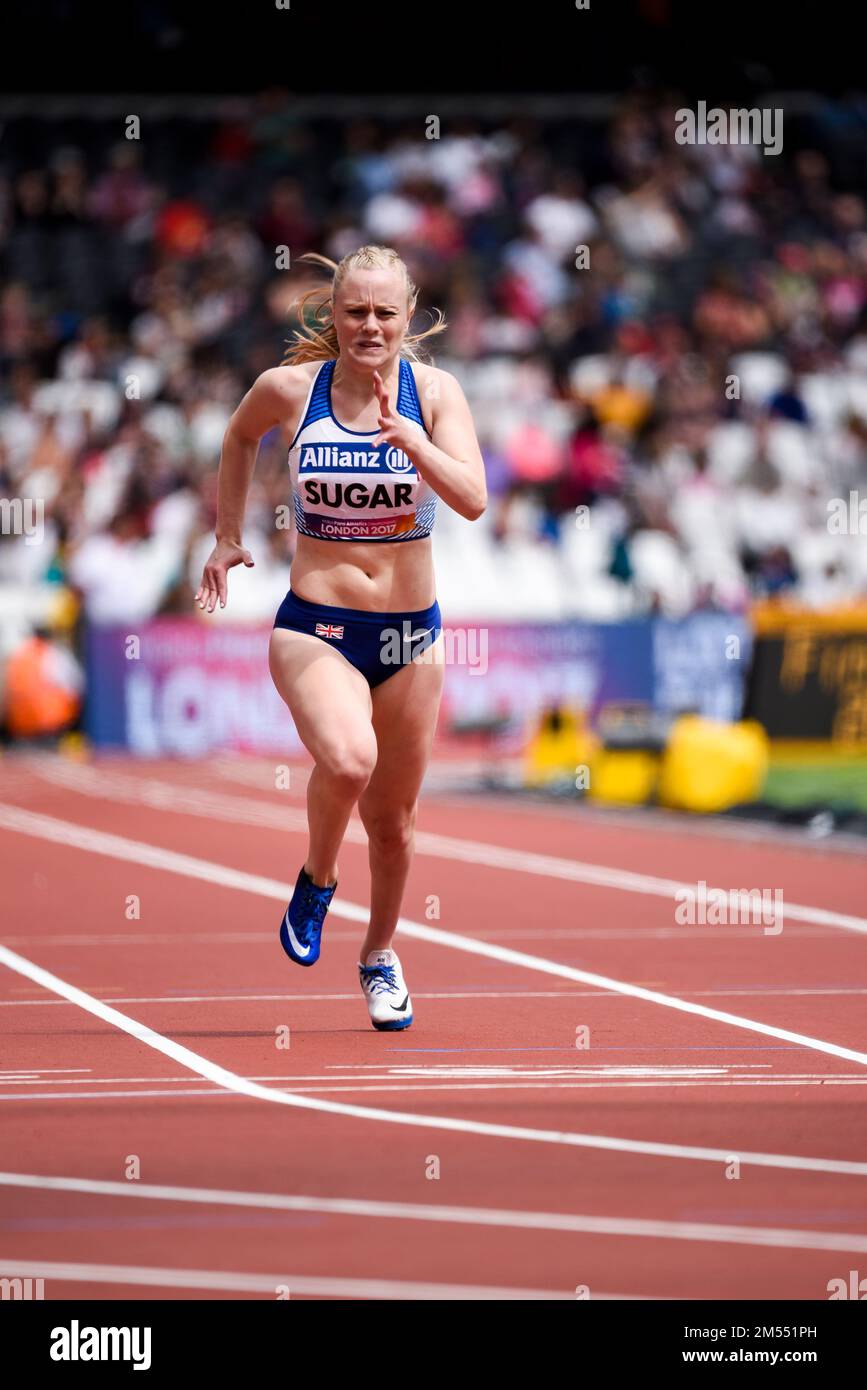 Laura Sugar competing in the Women's 200m T44 race at the 2017 World Para Athletics ...