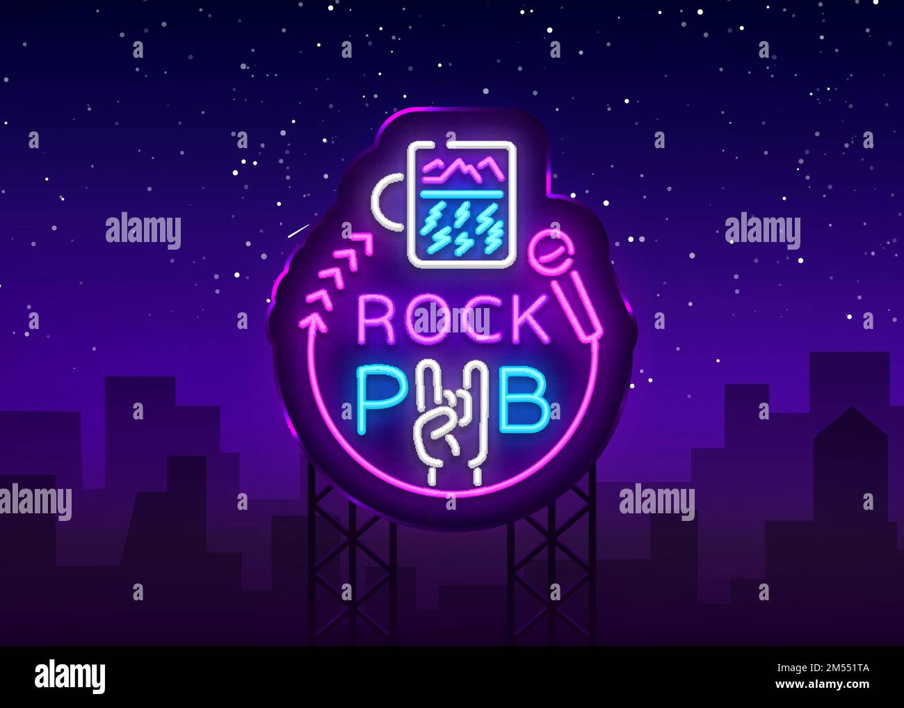 Rock Pub Logo Neon Vector. Rock Bar Neon Sign, Concept with a glass ...