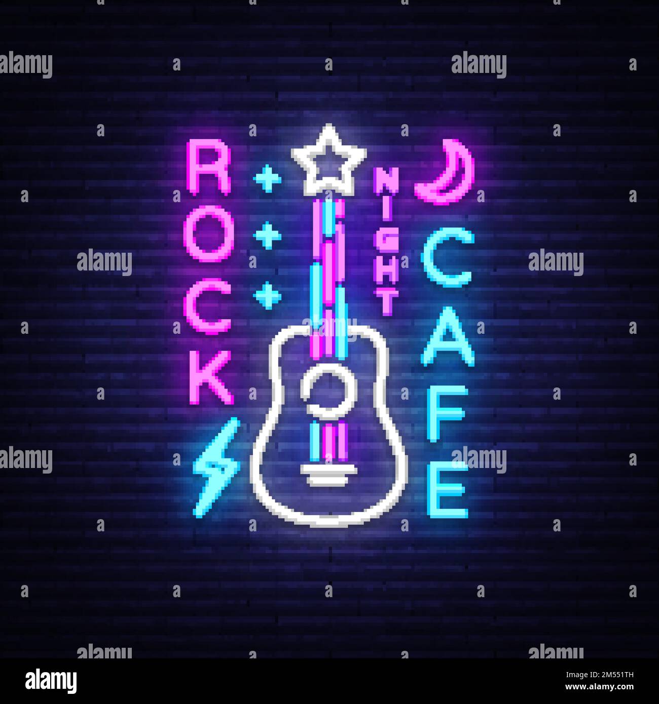 Rock Cafe Logo Neon Vector. Rock Cafe Neon Sign, Concept with guitar ...