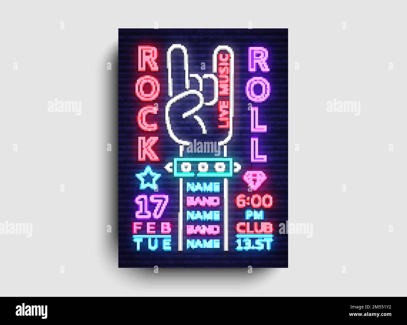 Rock Music Night Party flyer design template. Rock and Roll Neon Sign ...