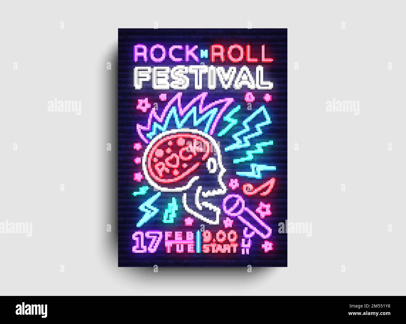 Rock Music Festival Flyer design template. Rock and Roll Neon Sign ...
