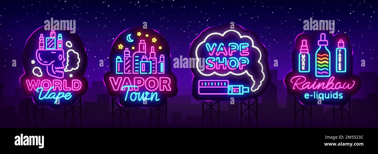 Vape shop neon sign collection vector. Vaping Store Logos set Emblem Neon, Its Vape Shop Concept ...