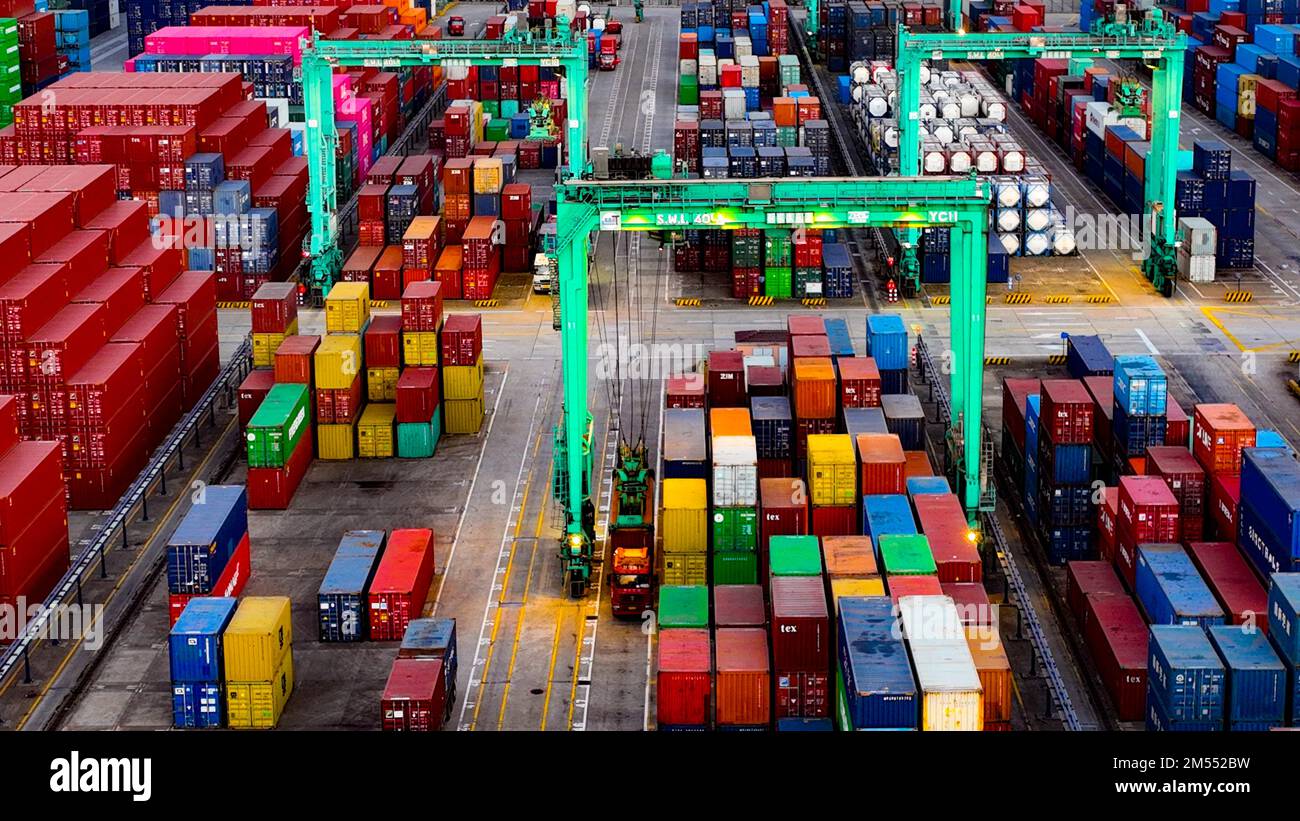 Aerial photo shows the busy scene at the wharf of Zhangjiagang Port in ...