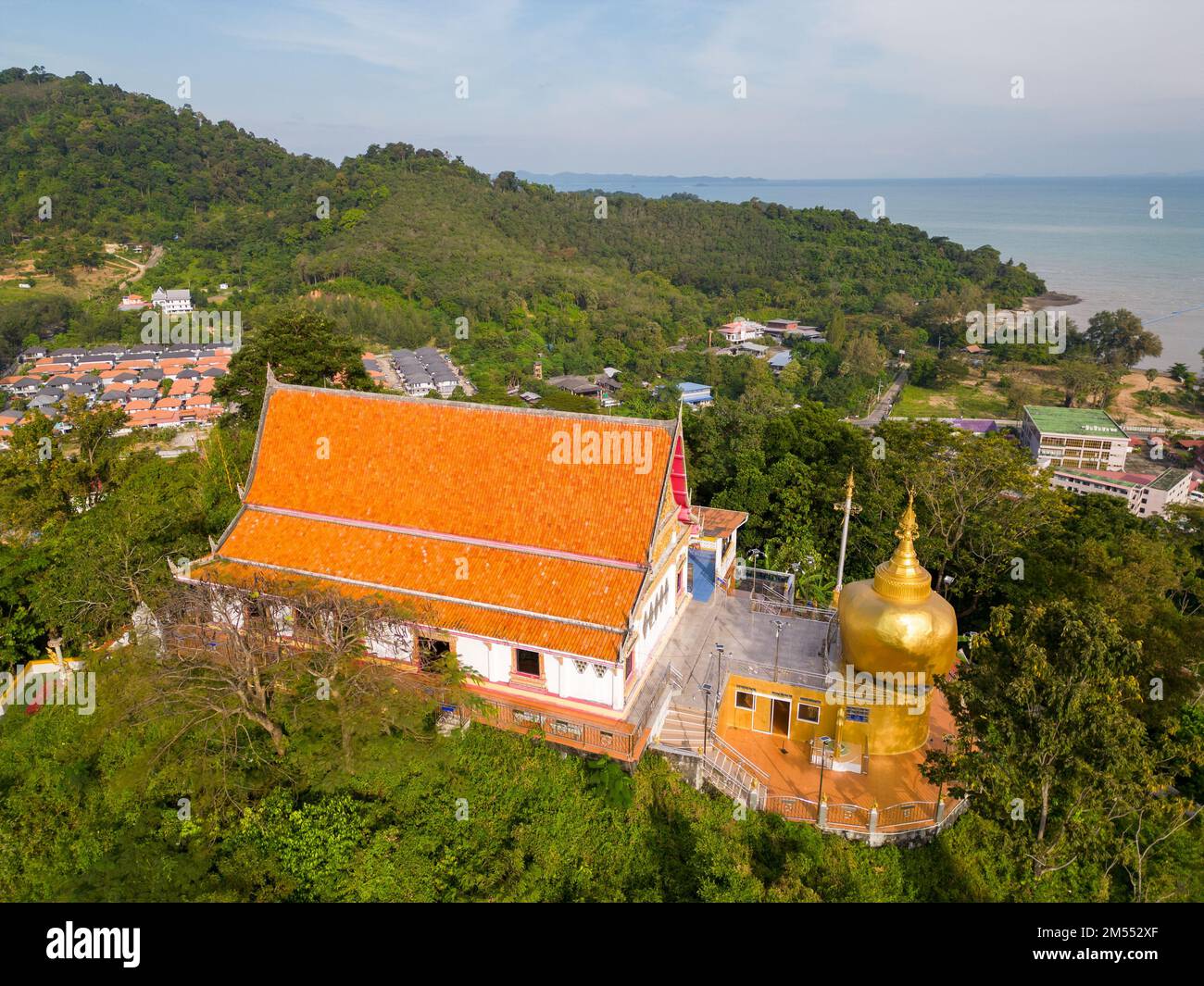 A drone aerial view of Wat Koh Siray is a Theravada Buddhist Thai ...