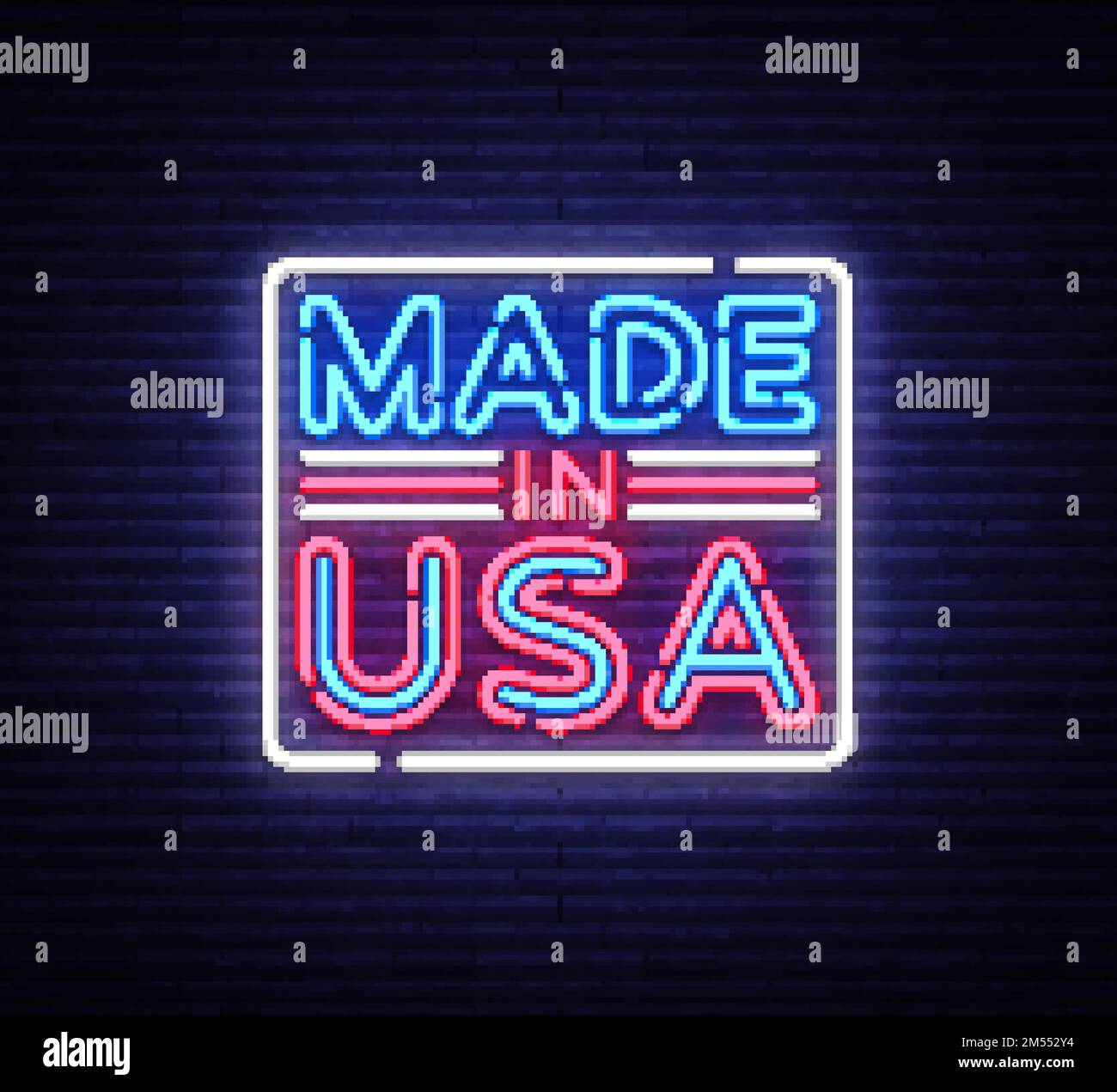 Made in USA neon vector sign. Made in USA symbol banner light, bright ...