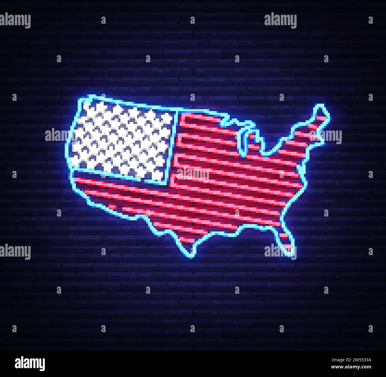 USA map and flag neon vector sign. USA map symbol banner light, bright ...