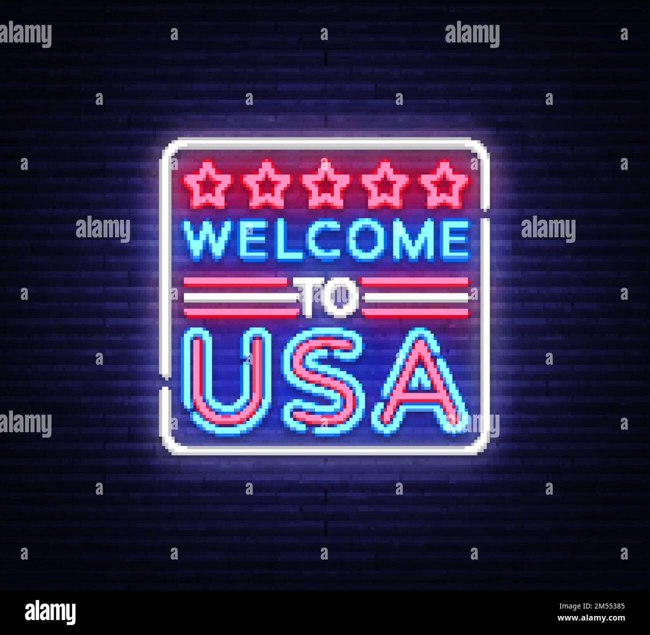 Welcome to USA neon vector sign. Welcome to USA symbol banner light ...