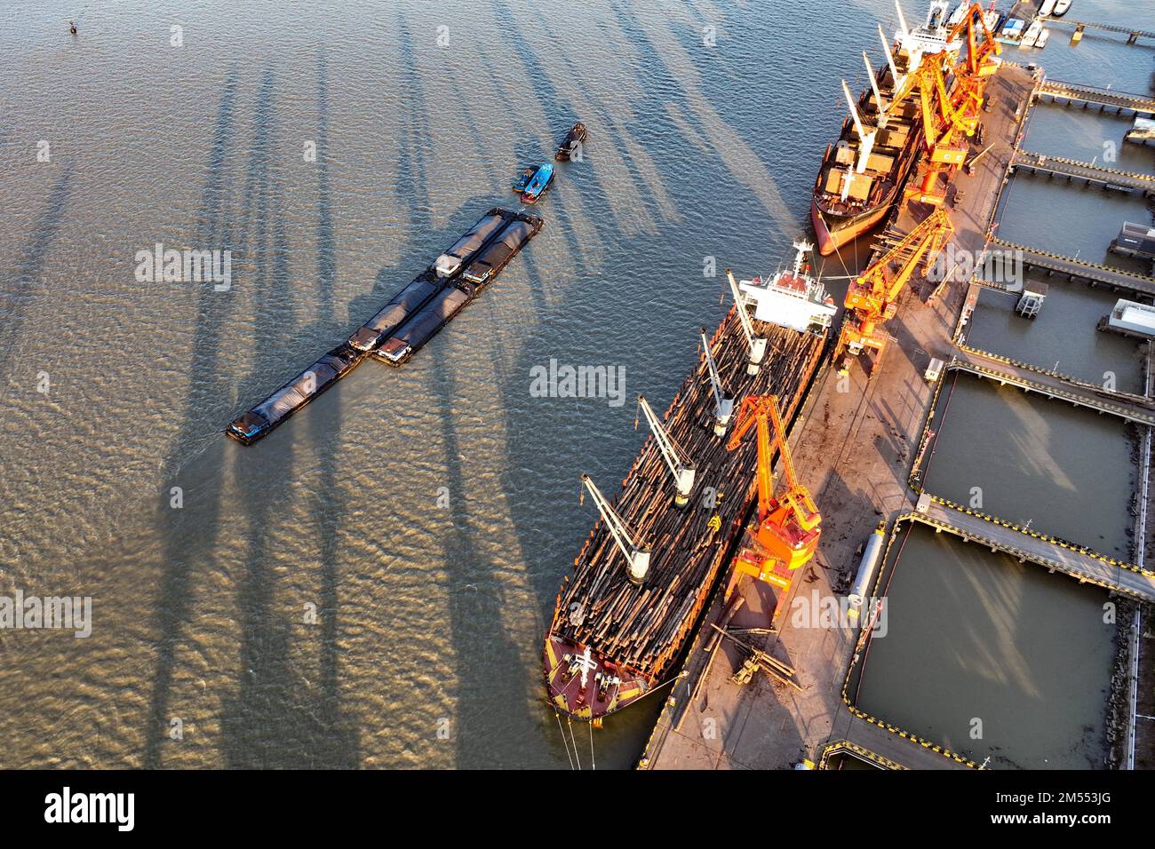 Aerial photo shows the busy scene at the wharf of Zhangjiagang Port in ...