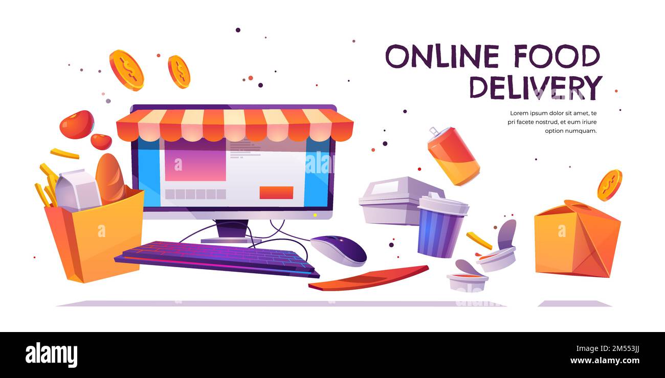 Online food delivery banner. Service for grocery order via internet and ...