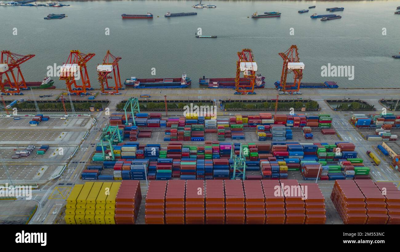 Aerial photo shows the busy scene at the wharf of Zhangjiagang Port in ...
