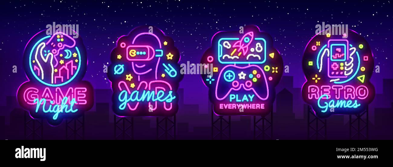Video Games logos collection neon sign Vector design template ...