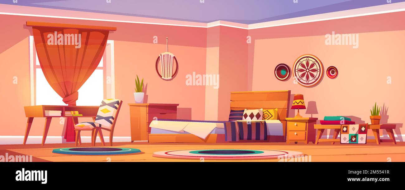 Boho, bohemian bedroom interior, empty room with wooden furniture, bed ...