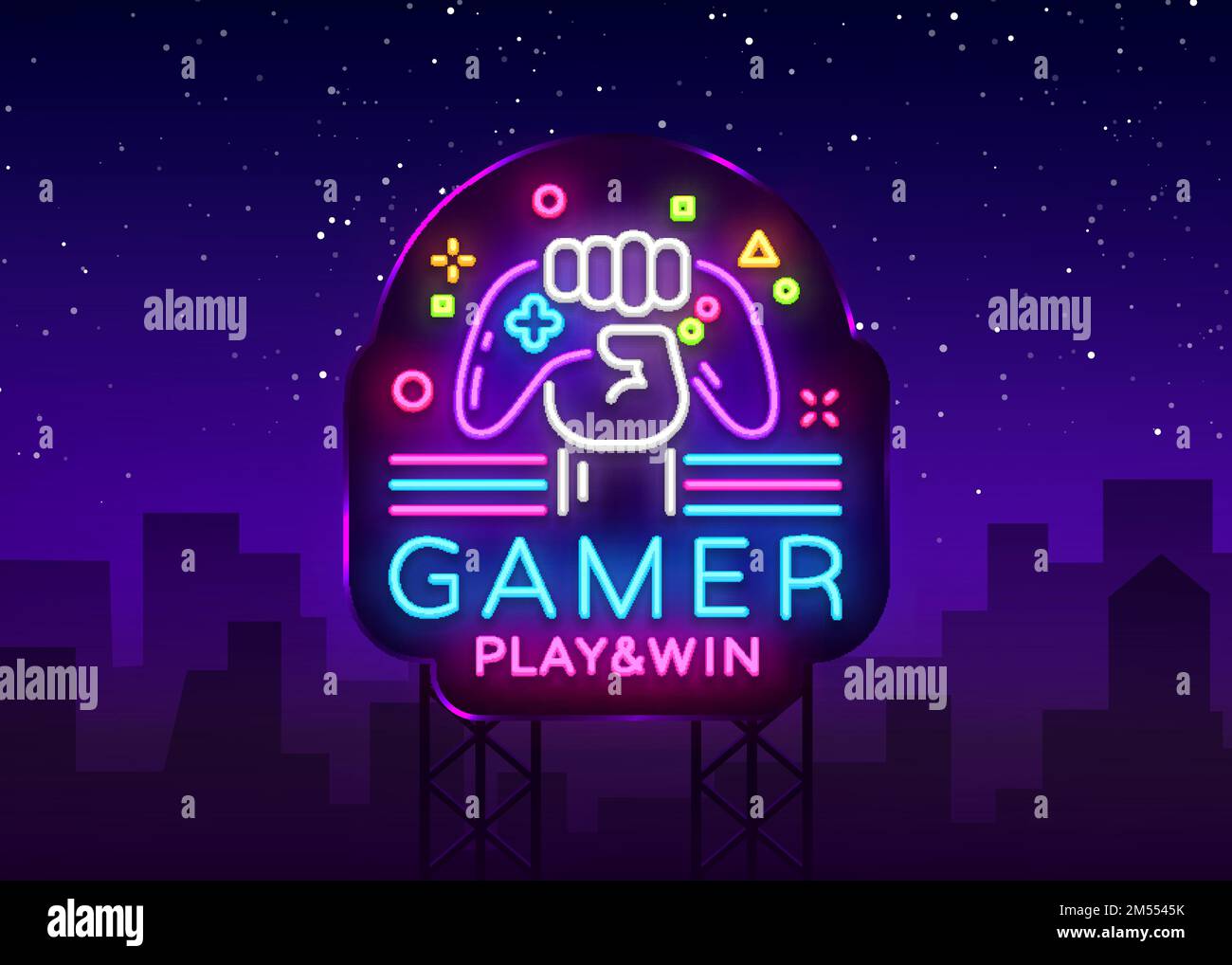 Gamer Play Win logo neon sign Vector logo design template. Game night ...