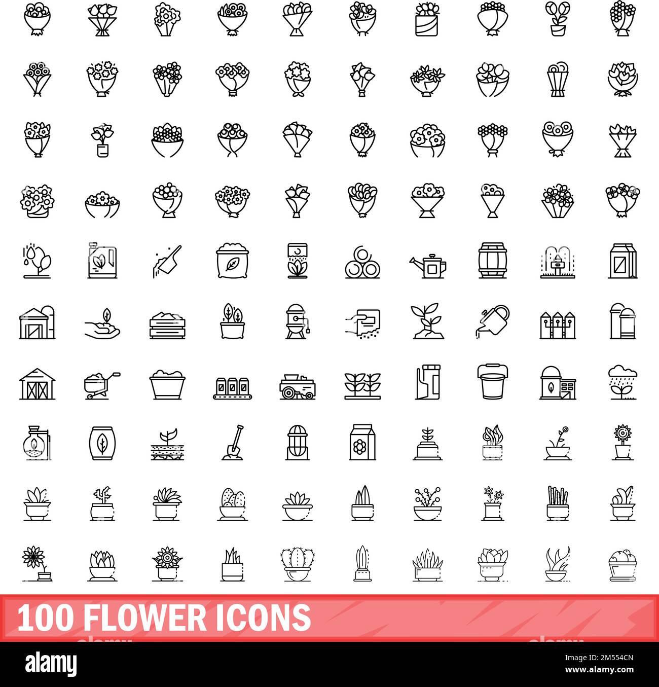 100 flower icons set. Outline illustration of 100 flower icons vector ...