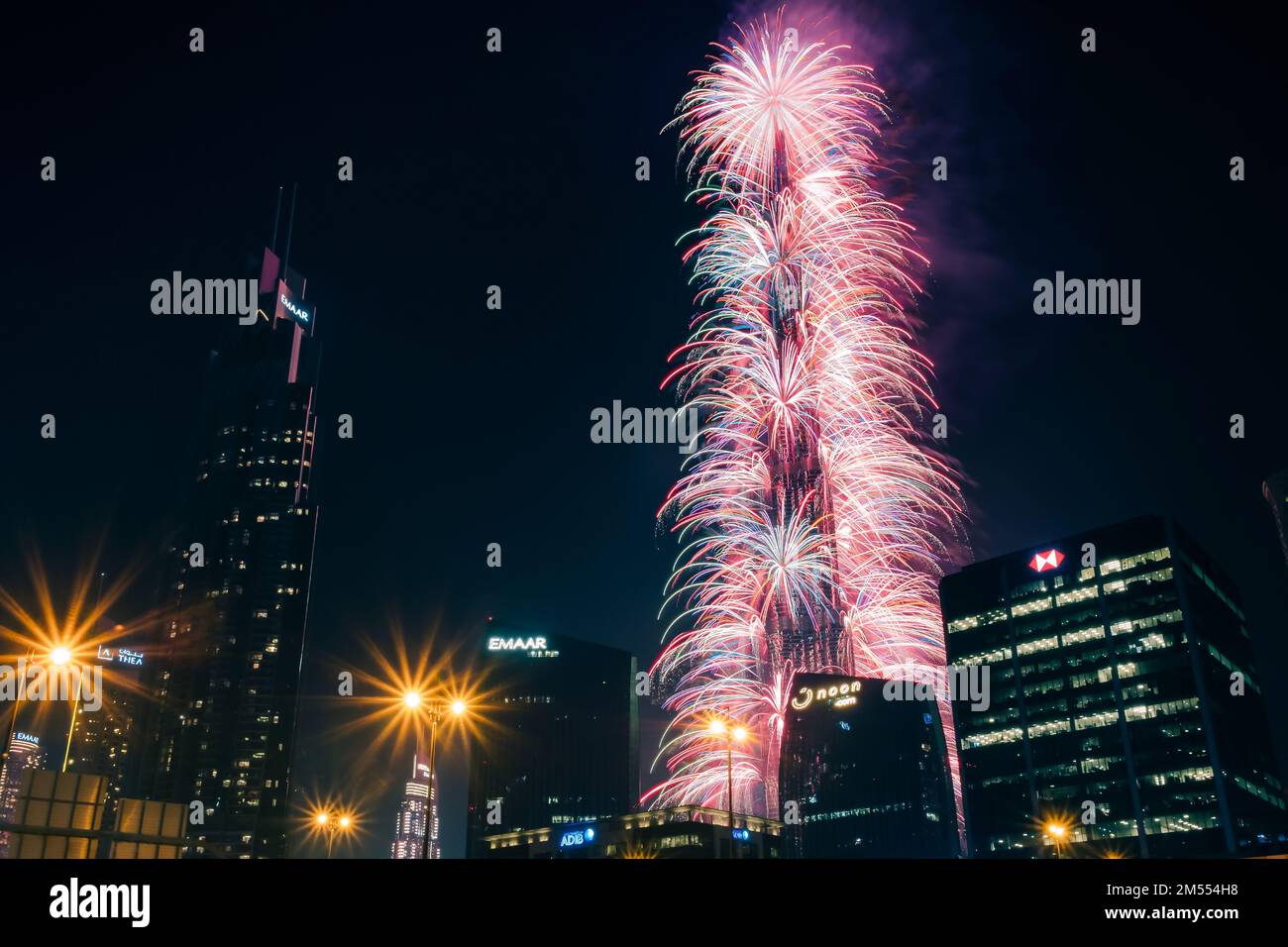 Dubai, UAE - happy new year's eve fireworks at the Burj Khalifa, the ...