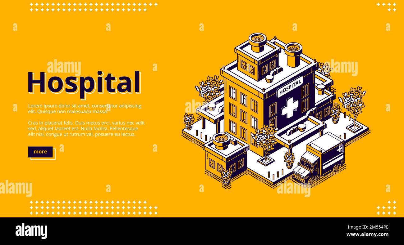 Hospital isometric landing page. Clinic building with ambulance car ...