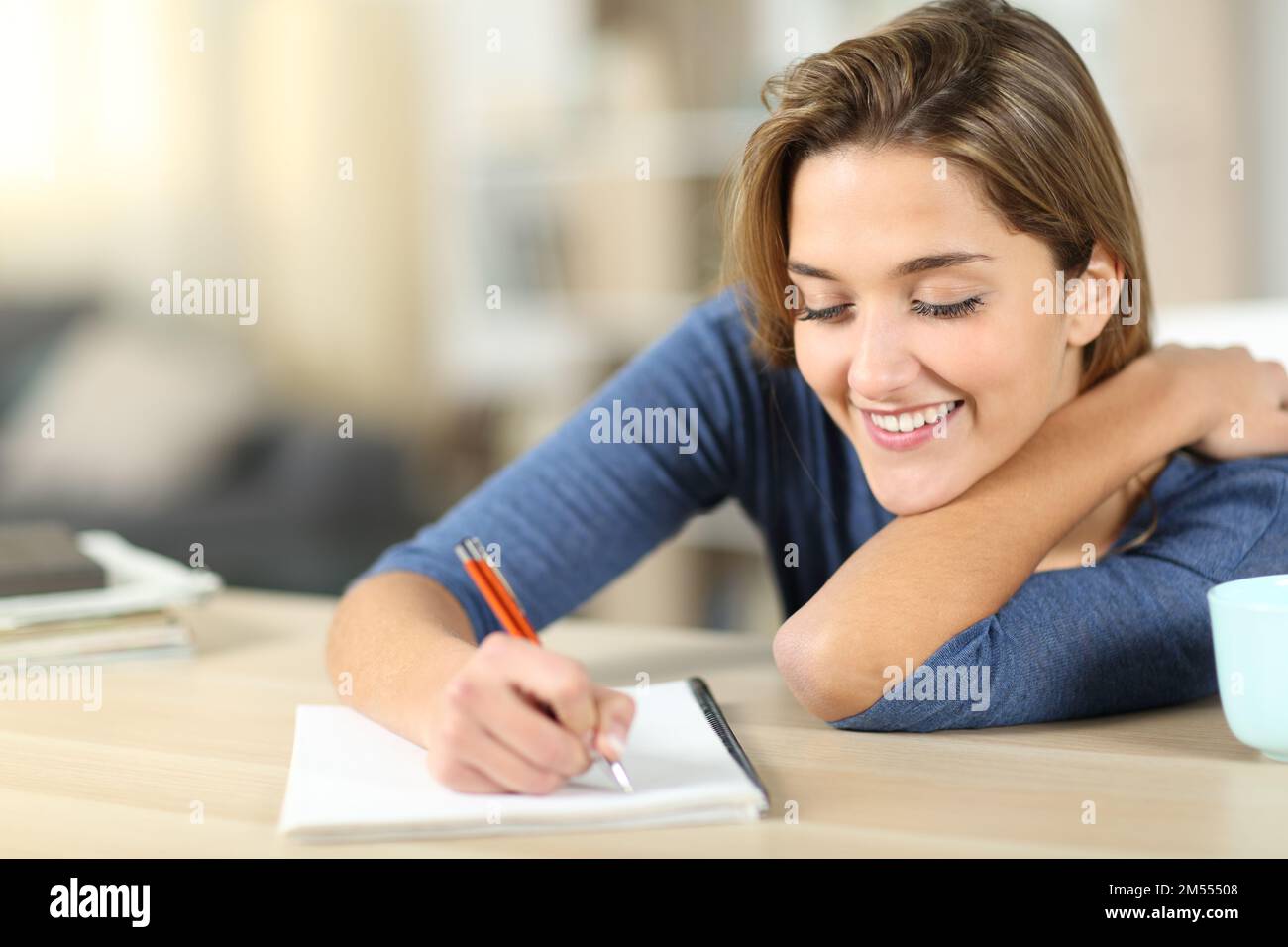 Happy woman taking notes in a notebook at home Stock Photo - Alamy
