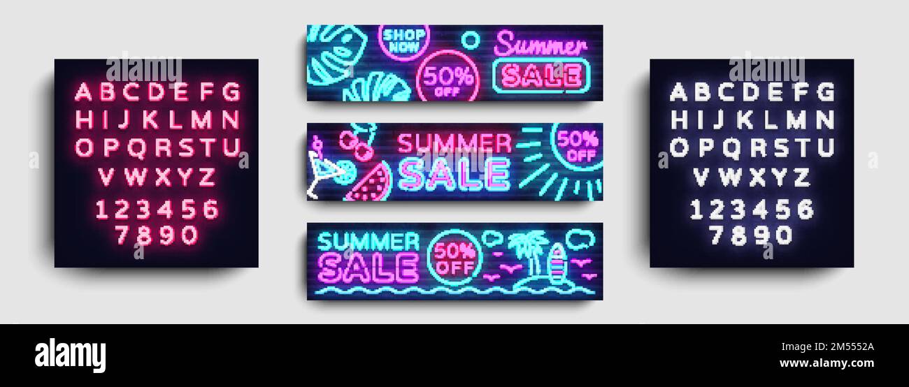 Summer Sale Neon collection horizontal Banner Vector. Advertising ...