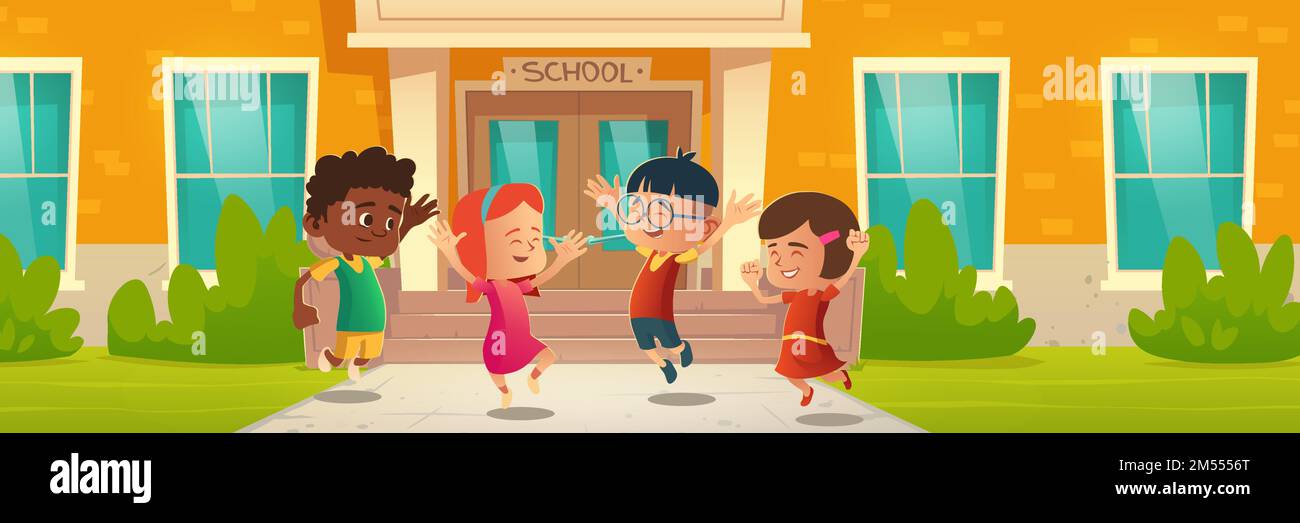 Happy children in front of school building. Back to school or holidays ...