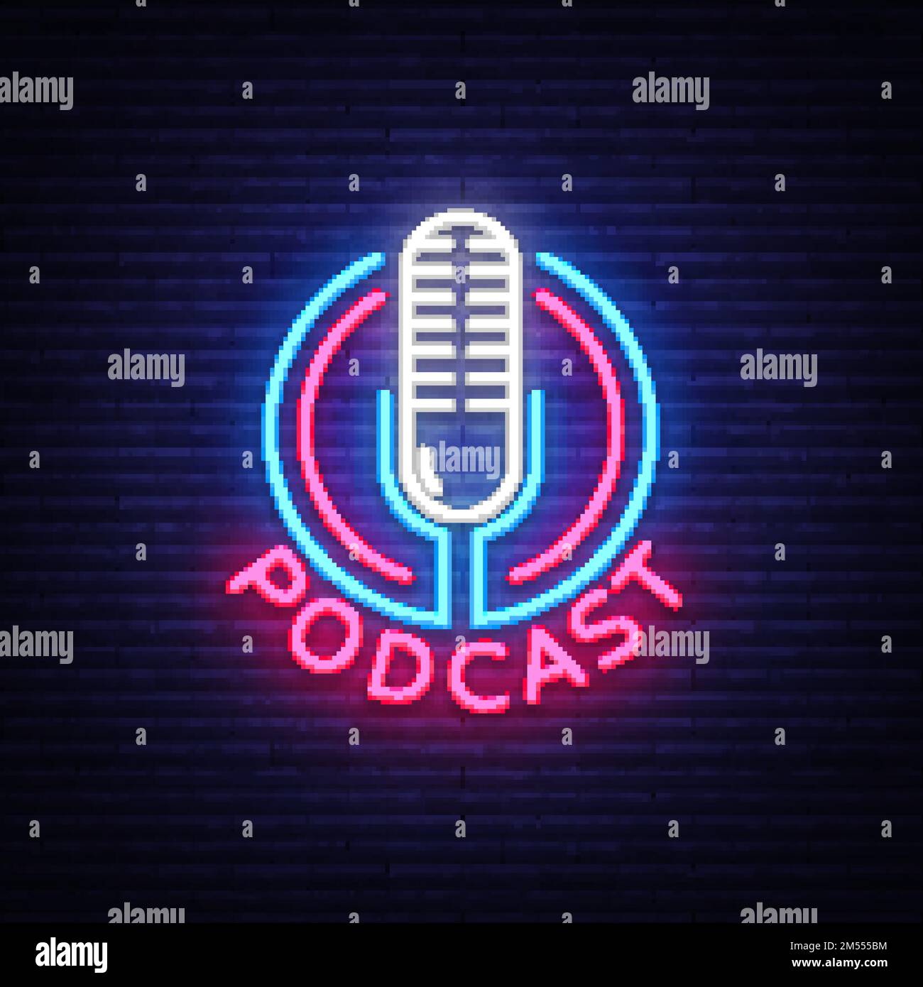 Podcast Neon sign vector design template. Podcast neon logo, light banner design element ...