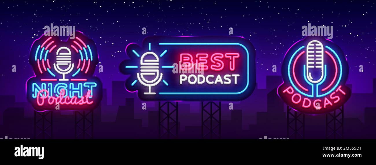 Podcast Neon sign collection vector design template. Podcast neon logo, light banner design ...