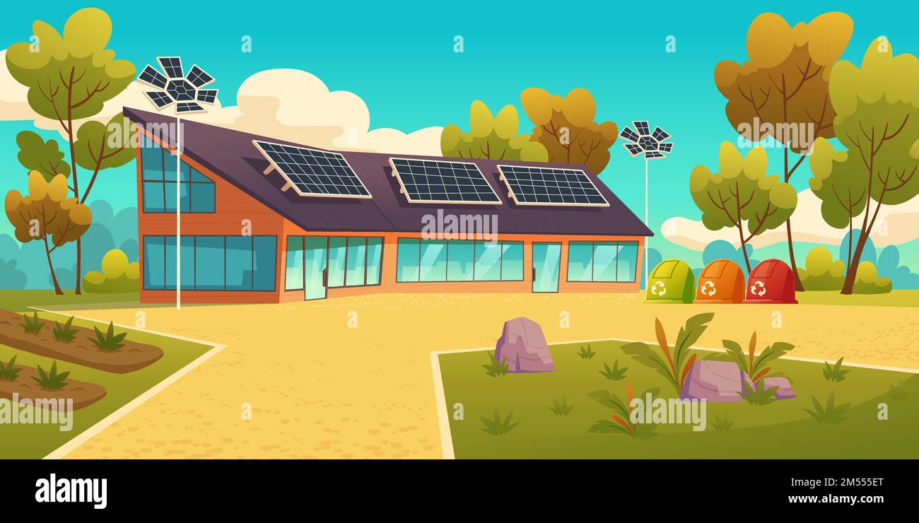 House with solar panels and garbage sorting litter bins. Eco friendly ...