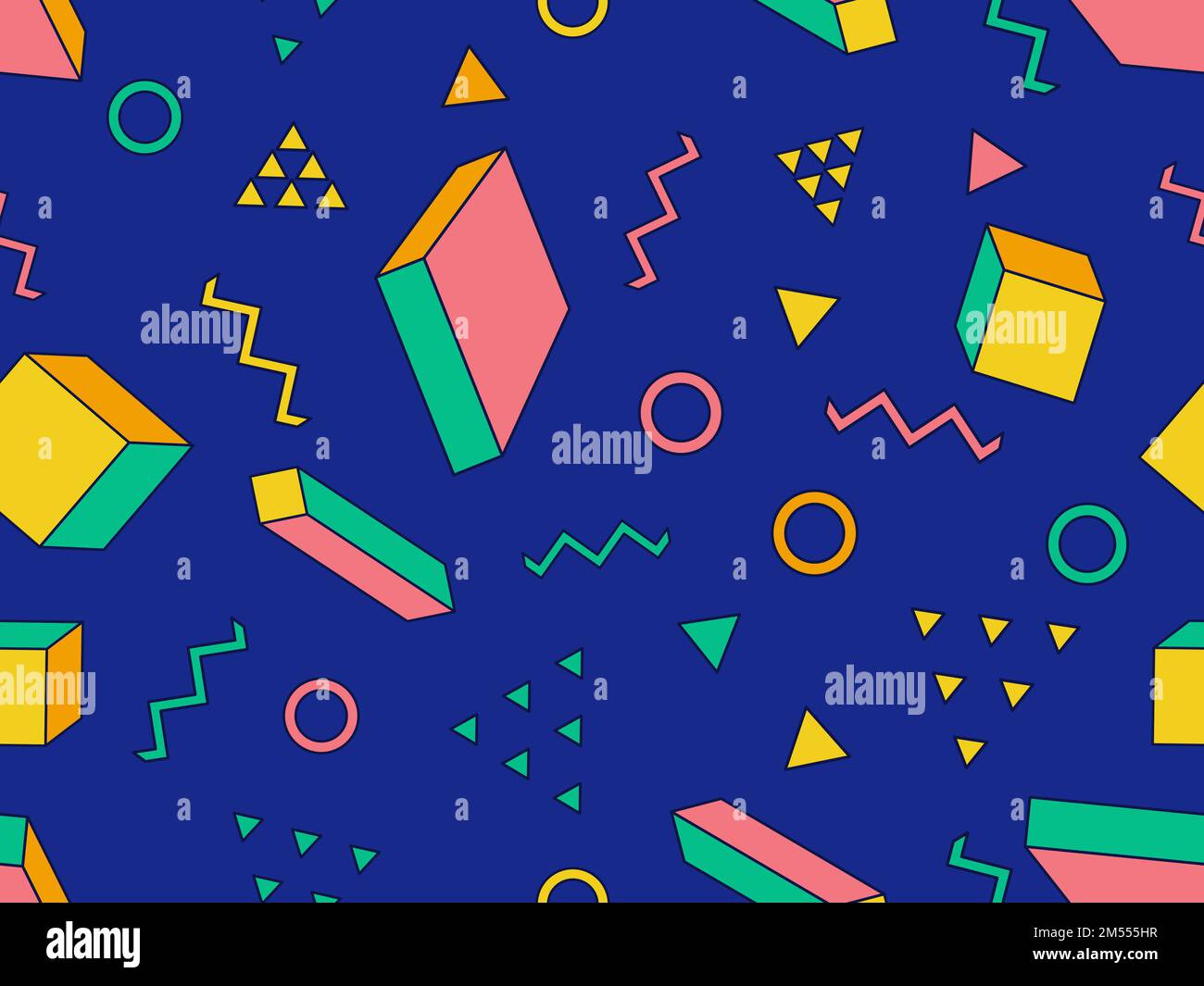 Geometric seamless pattern with memphis elements in 80s style. 3d ...