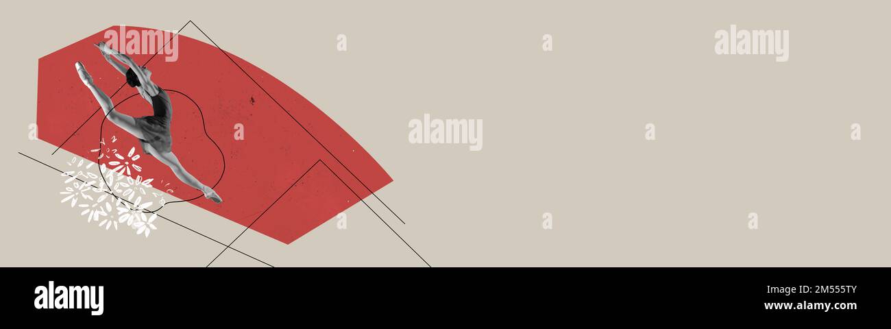 Creative art collage. Tender young ballerina performing over grey ...