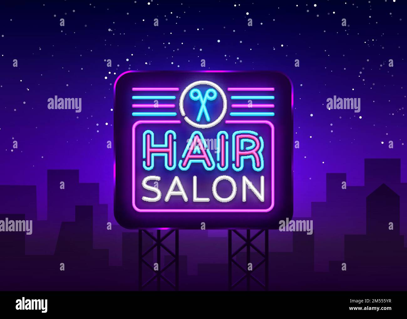 Hair Salon sign vector design template. Hairdress neon logo, light ...