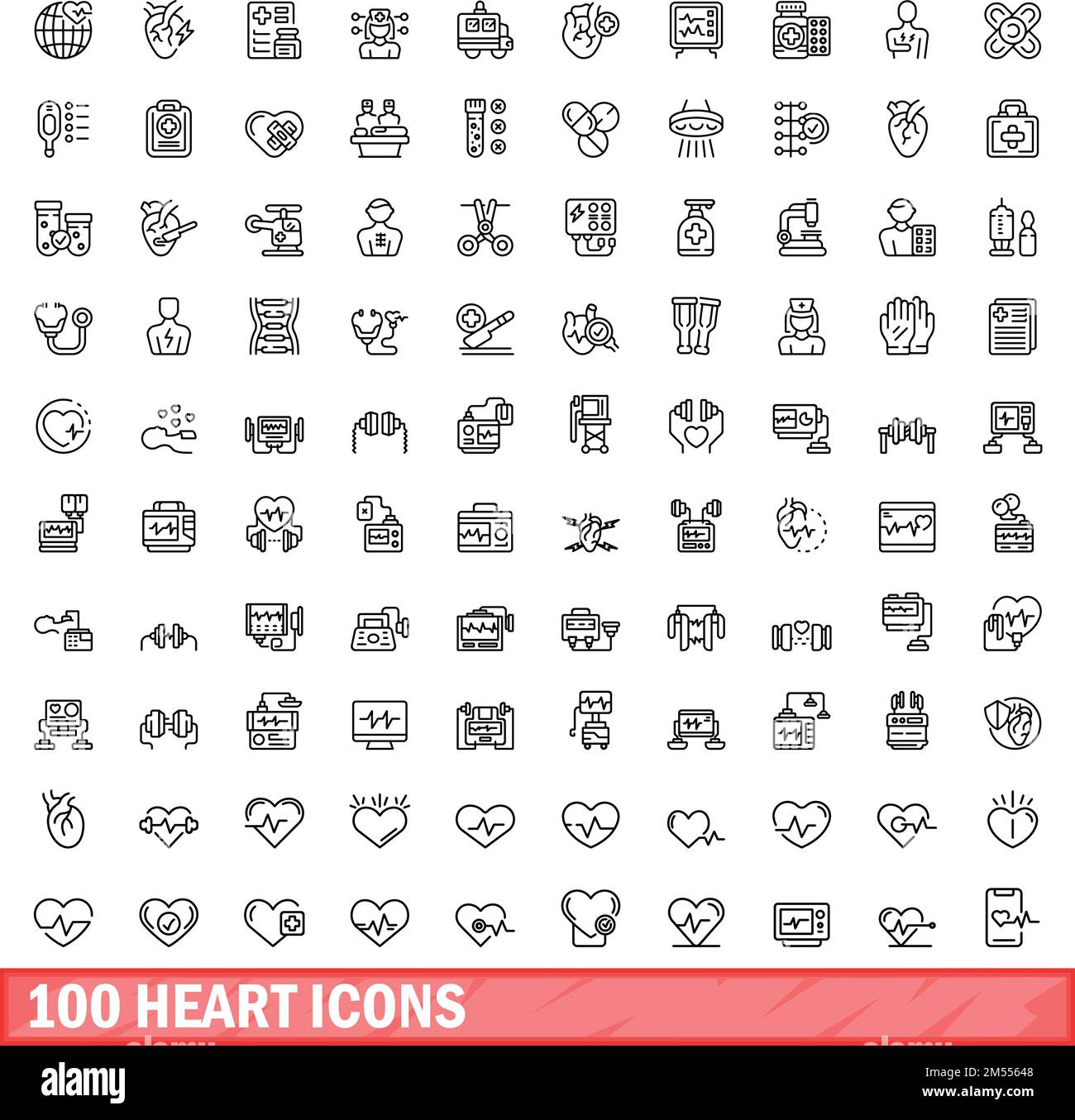 100 heart icons set. Outline illustration of 100 heart icons vector set ...
